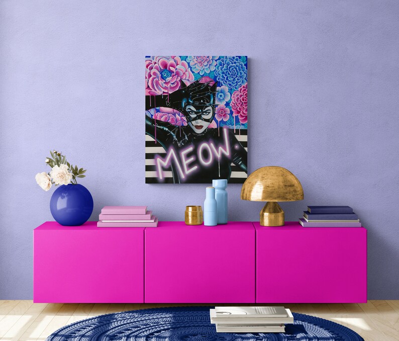 Catwoman Remix, Meow Neon Sign, Painting by Jame Rice, Fan Art, Wall ...
