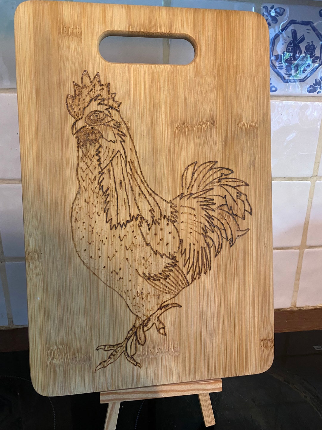 Cockerel Chicken Hand Burned on Bamboo Board. Sustainability. Chicken ...