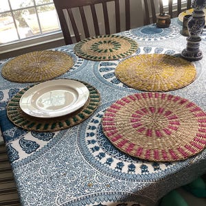 Set of 5 Straw or Raffia Round Woven Place Mats in Pink, Yellow & Green ...