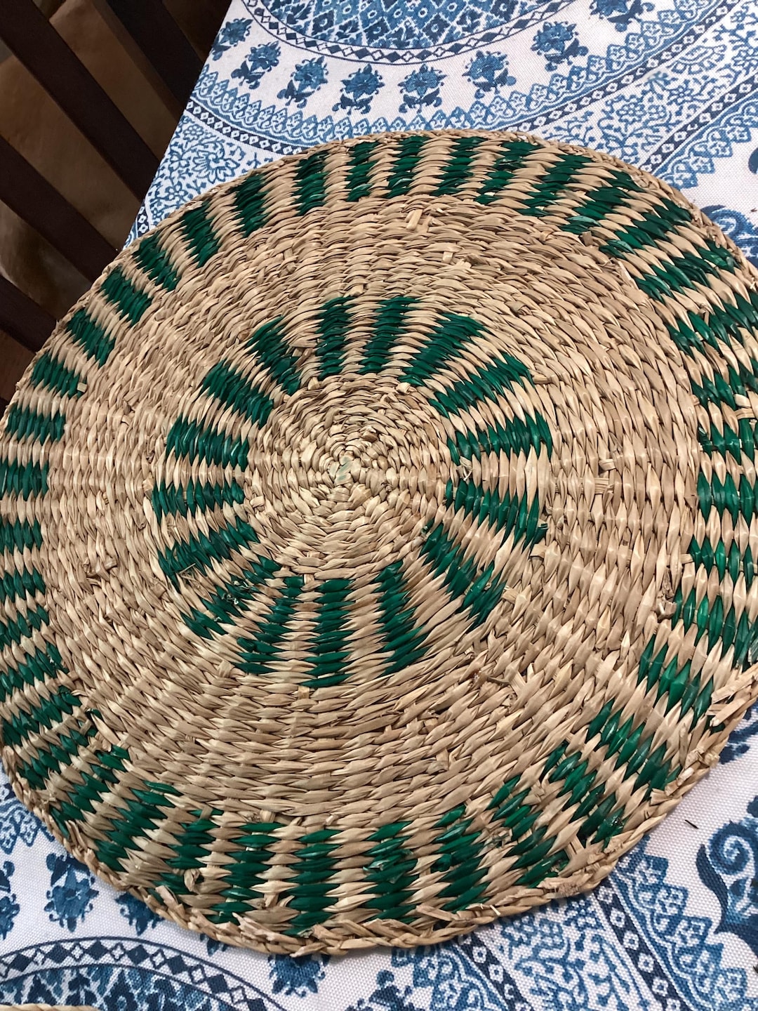 Set of 5 Straw or Raffia Round Woven Place Mats in Pink, Yellow & Green ...
