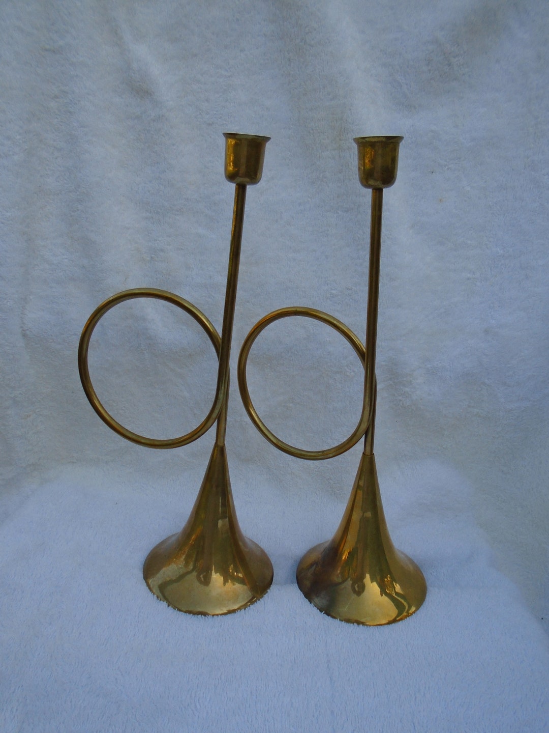 Vintage Pair Brass Bugle Horns Candleholders, Brass Bugle Horn, Brass ...