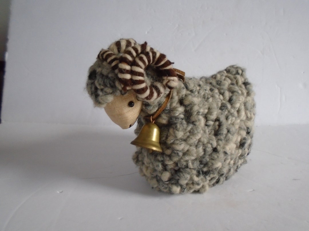 Vintage Handmade Black Gray White Felted Wool Ram With Bell, Ram, Lamb ...