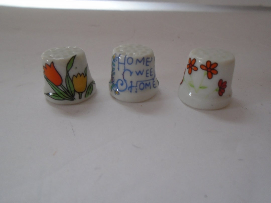 Vintage Trio of White Ceramic Floral Thimbles, Ceramic Home Sweet Home Thimbles, Floral Dimples ...