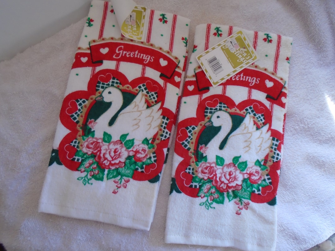 Vintage Pair of Unused Franco Cotton Christmas Swan Kitchen Towels ...