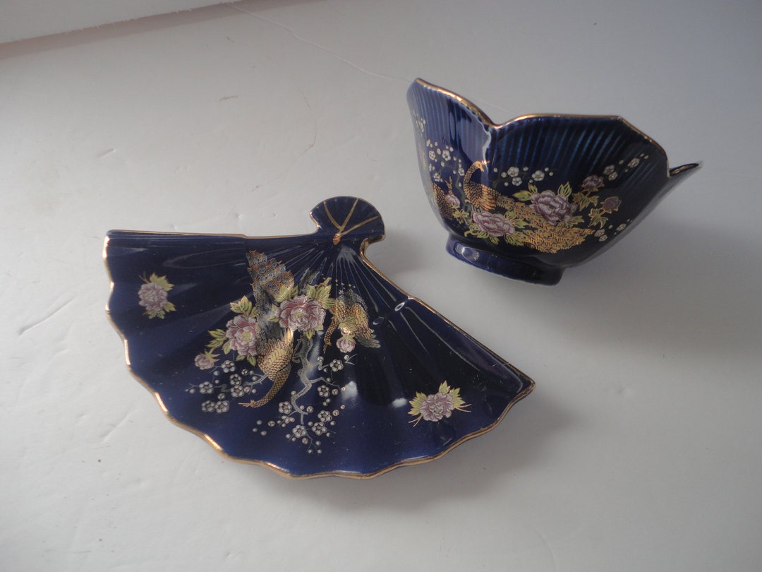 Vintage Blue Gold Ceramic Fan and Bowl Trinket Holders Made in Japan ...