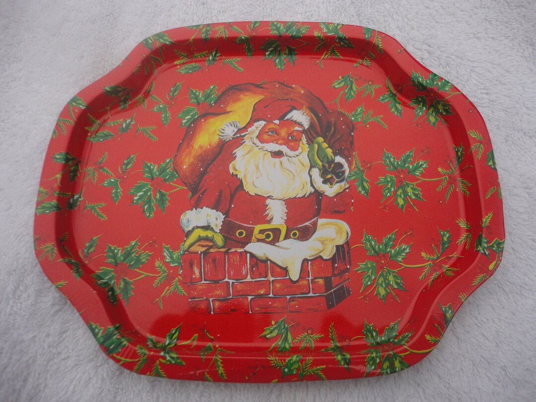 Vintage Small Bright Red Santa Christmas Tray Made in Hong Kong, Santa ...