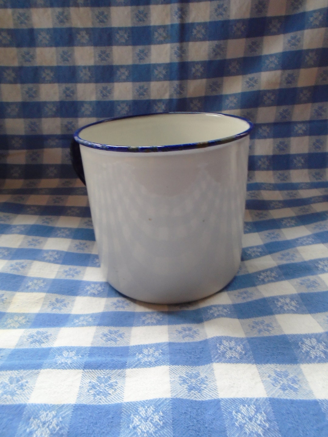Vintage White Blue Enamelware Mug, White Blue Enamel Cup, White Blue ...