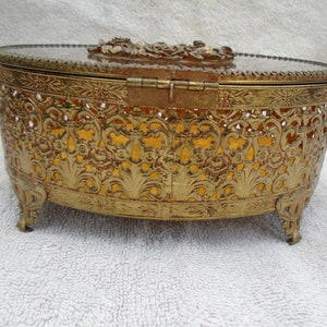 Vintage Large Oval Gold Metal Glass Velvet Filigree Floral Oval Ormolu ...
