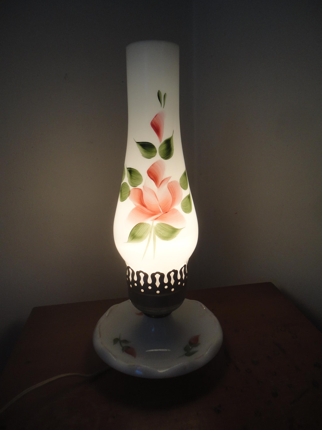 Vintage Hand Painted Pink Rose Electric 2 Piece Hurricane Lamp, Working ...