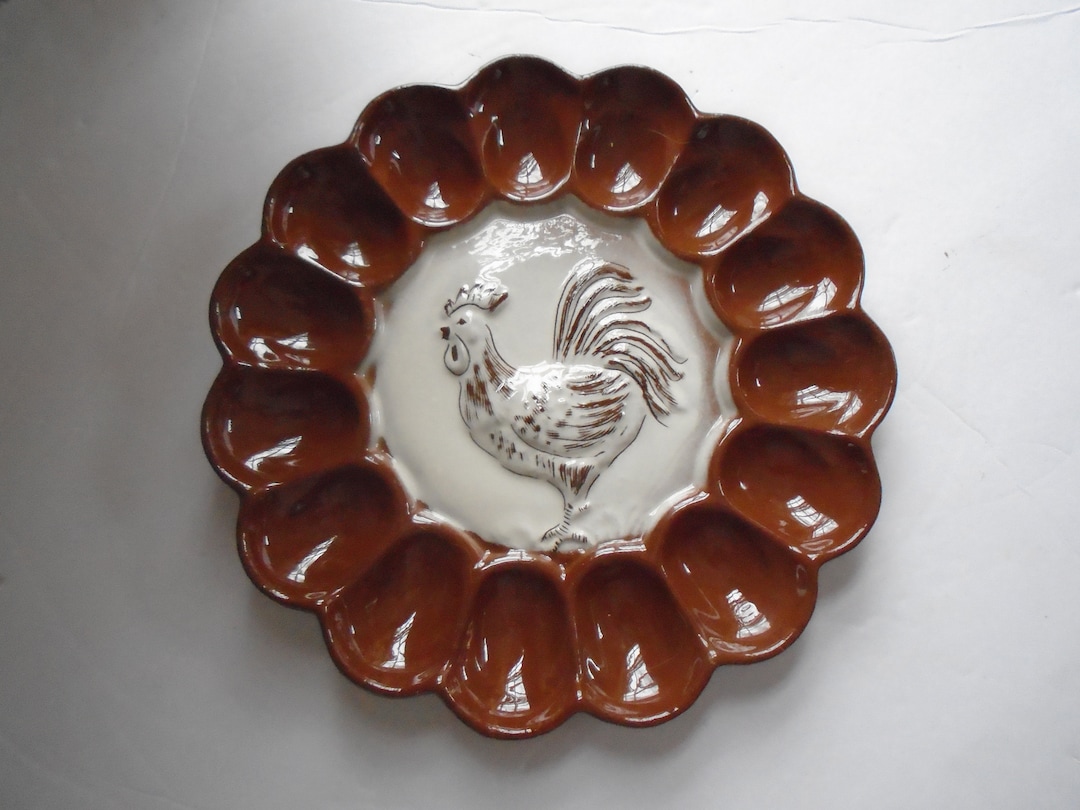 Vintage Sheffield Pottery Ceramic Brown White Rooster Deviled Egg Dish, Deviled Egg Tray ...