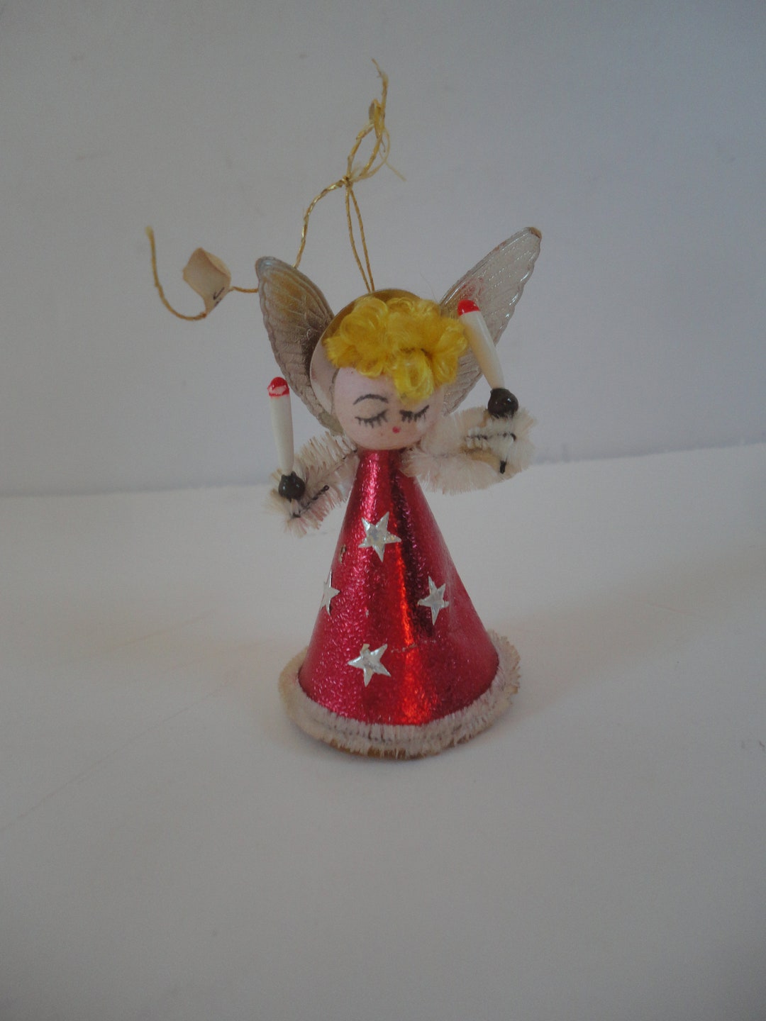 Vintage Red Metallic Spun Cotton Blond Hair Christmas Angel Ornament ...