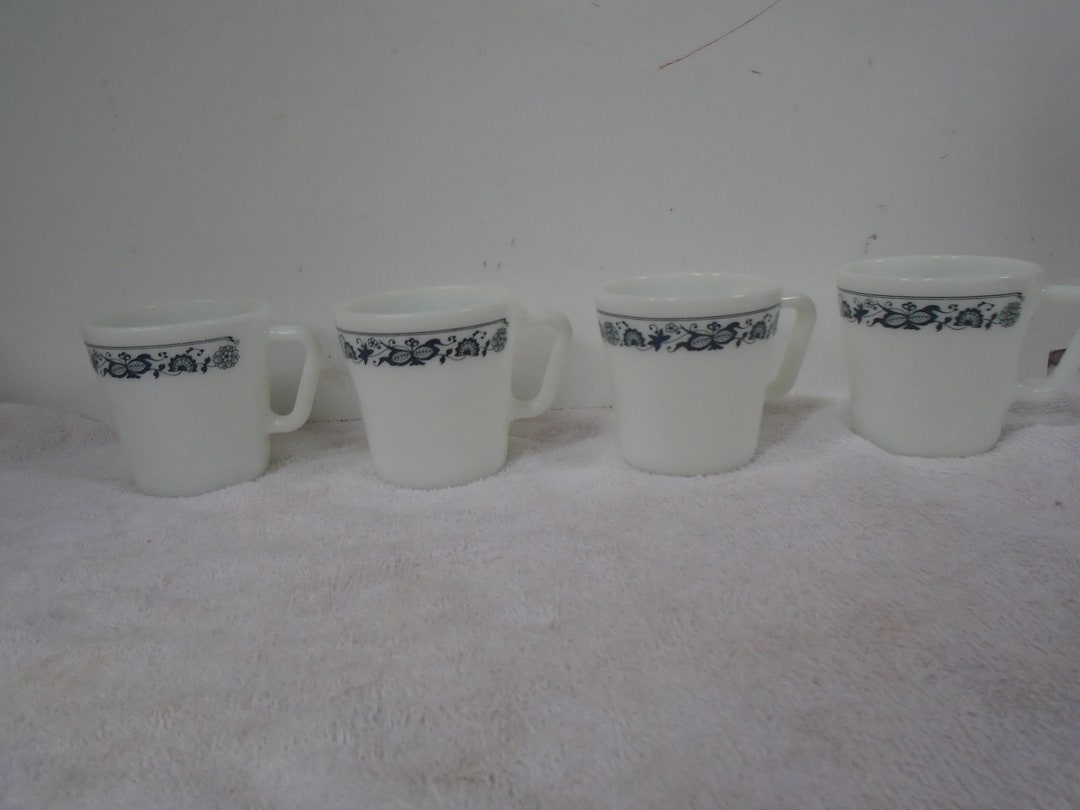 Vintage Pyrex White Blue Floral Rim Ceramic Mugs Made in USA, White ...