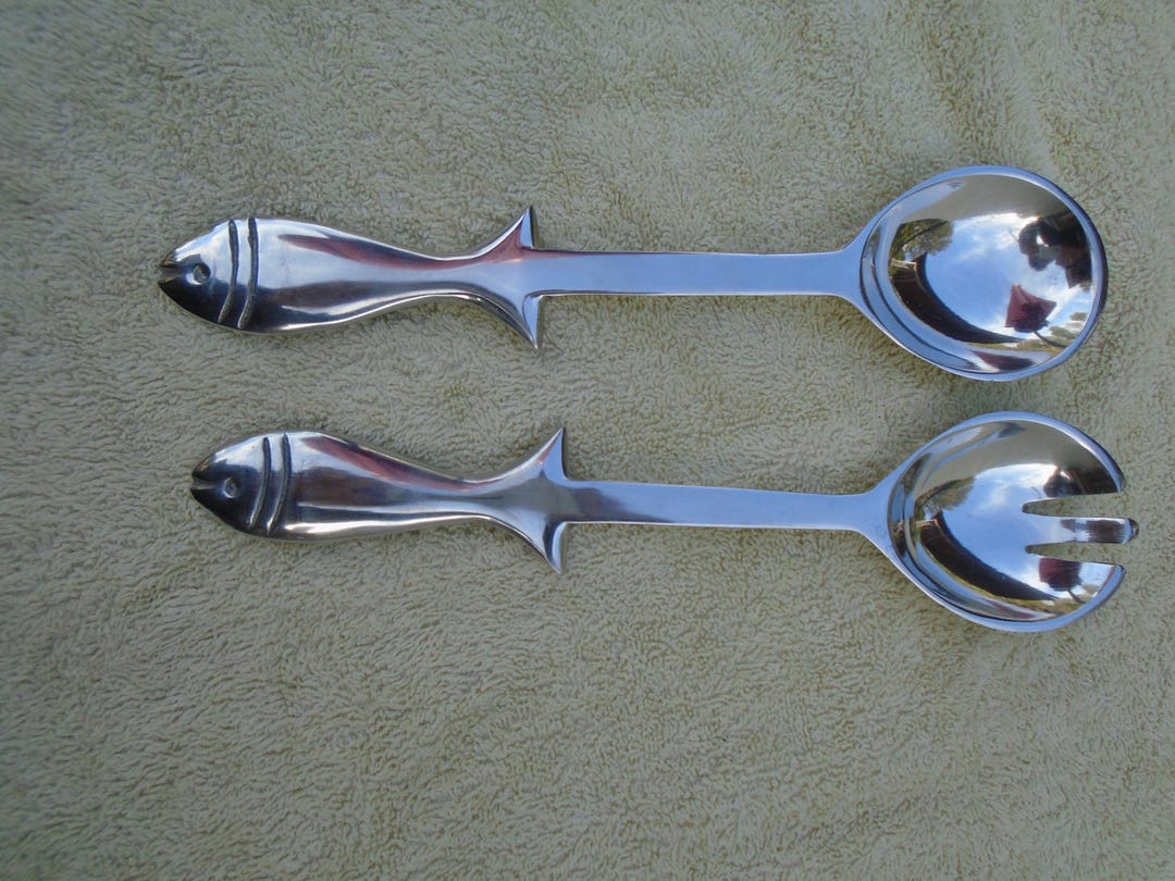 Vintage Hand Crafted Aluminum Fish Salad Utensils, Beach House Utensils ...