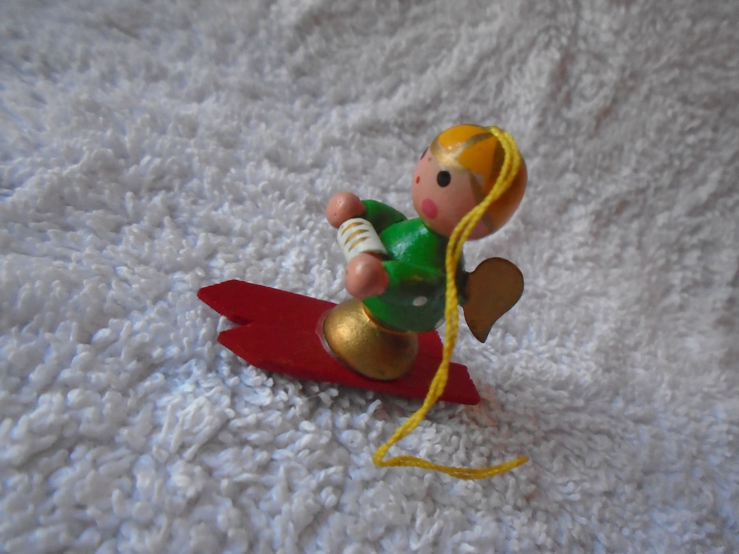 Vintage Miniature Wooden Hand Painted Feri Angel on Skies Christmas ...