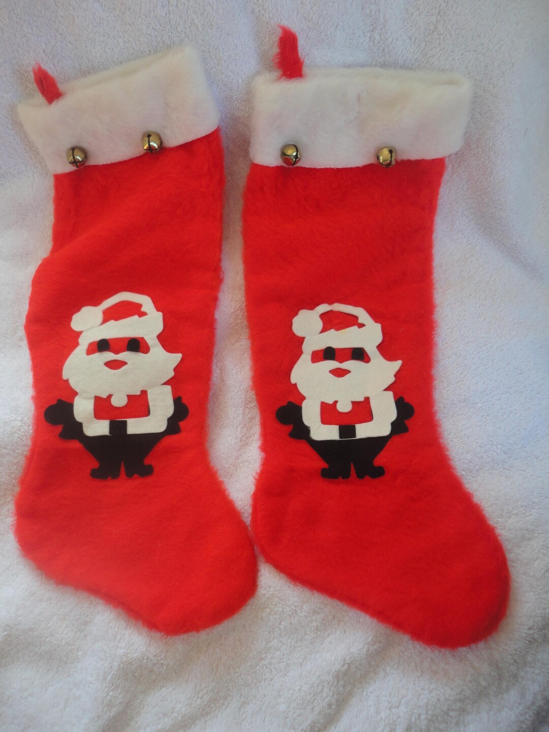 Vintage Bright Red Plush White Black Felt Santa Christmas Stockings ...