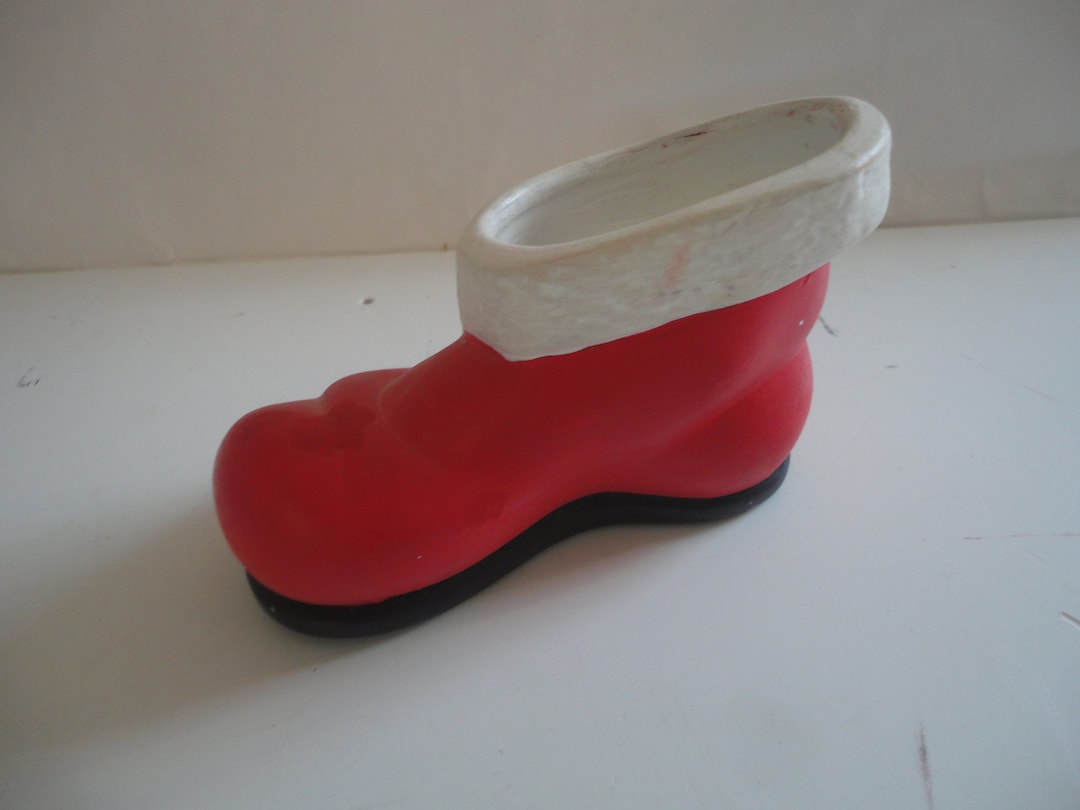Vintage Ceramic Red White Black Santa Boot Candleholder, Ceramic Santa ...