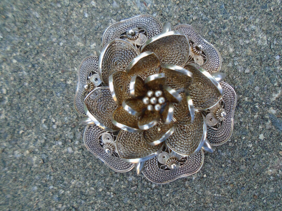 Vintage Stunning Silver Filigree Raised Rose Brooch, Filigree Silver ...