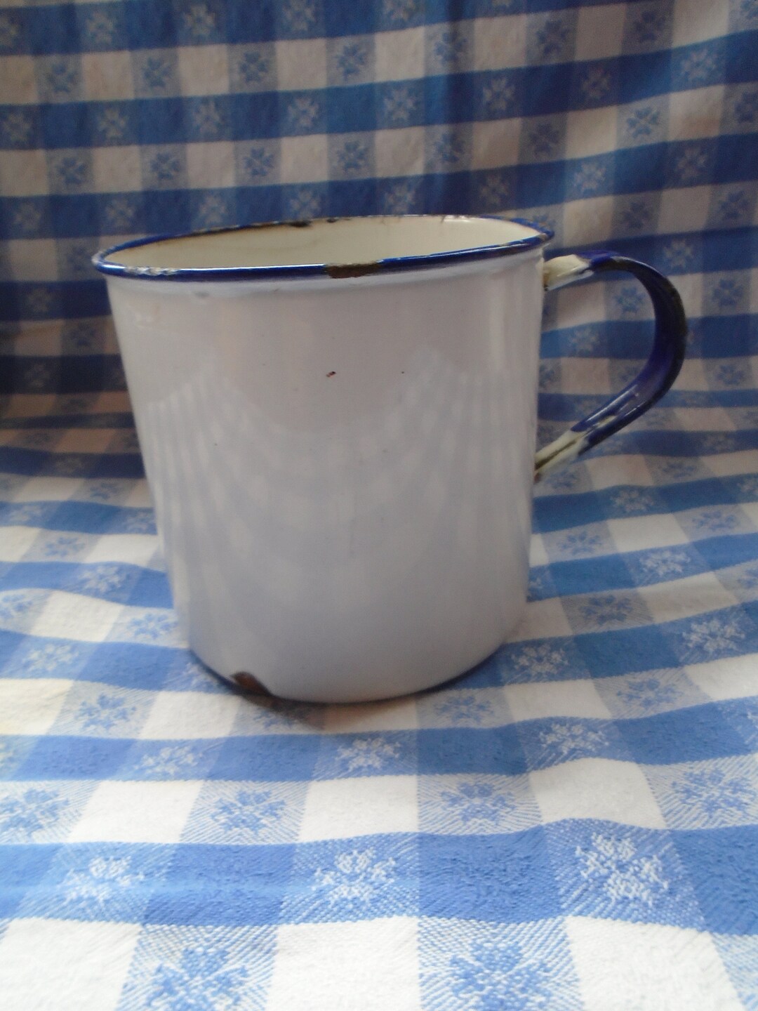 Vintage White Blue Enamelware Mug, White Blue Enamel Cup, White Blue ...
