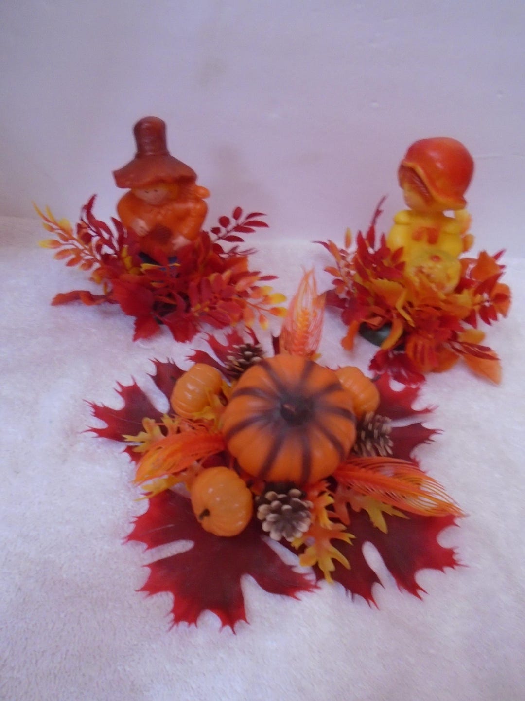 Vintage Trio Orange Red Plastic Pumpkin Scarecrow Leaves Made Taiwan ...