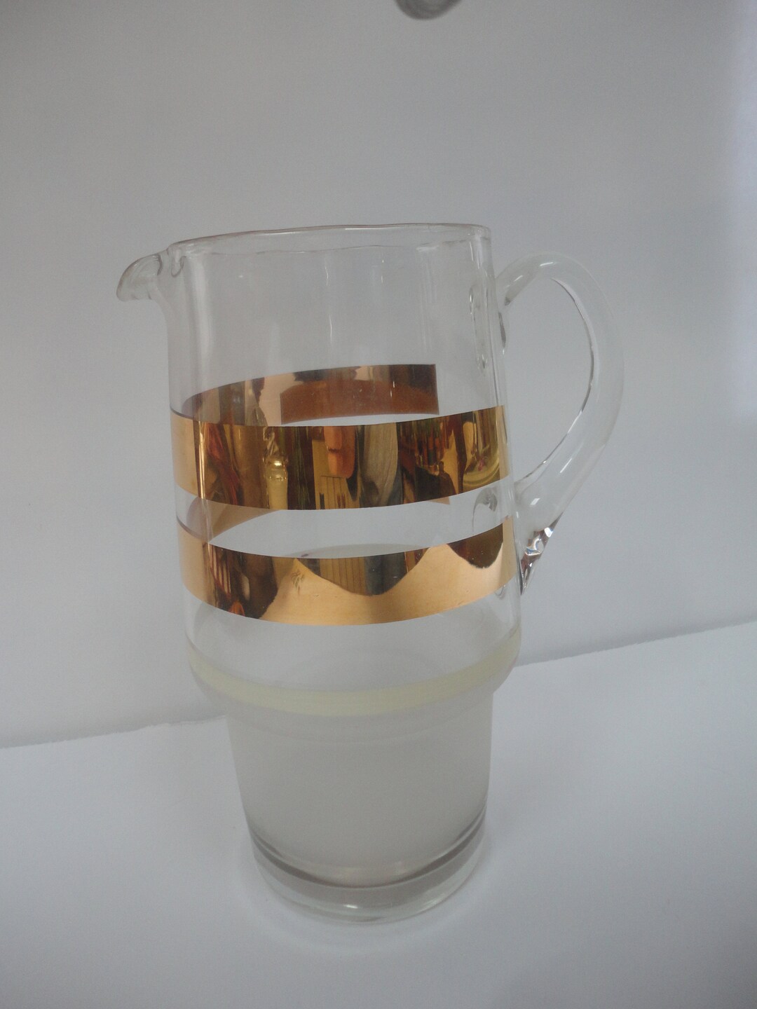 Vintage MCM Clear Glass Pitcher With Striped Accents Gold Silver ...