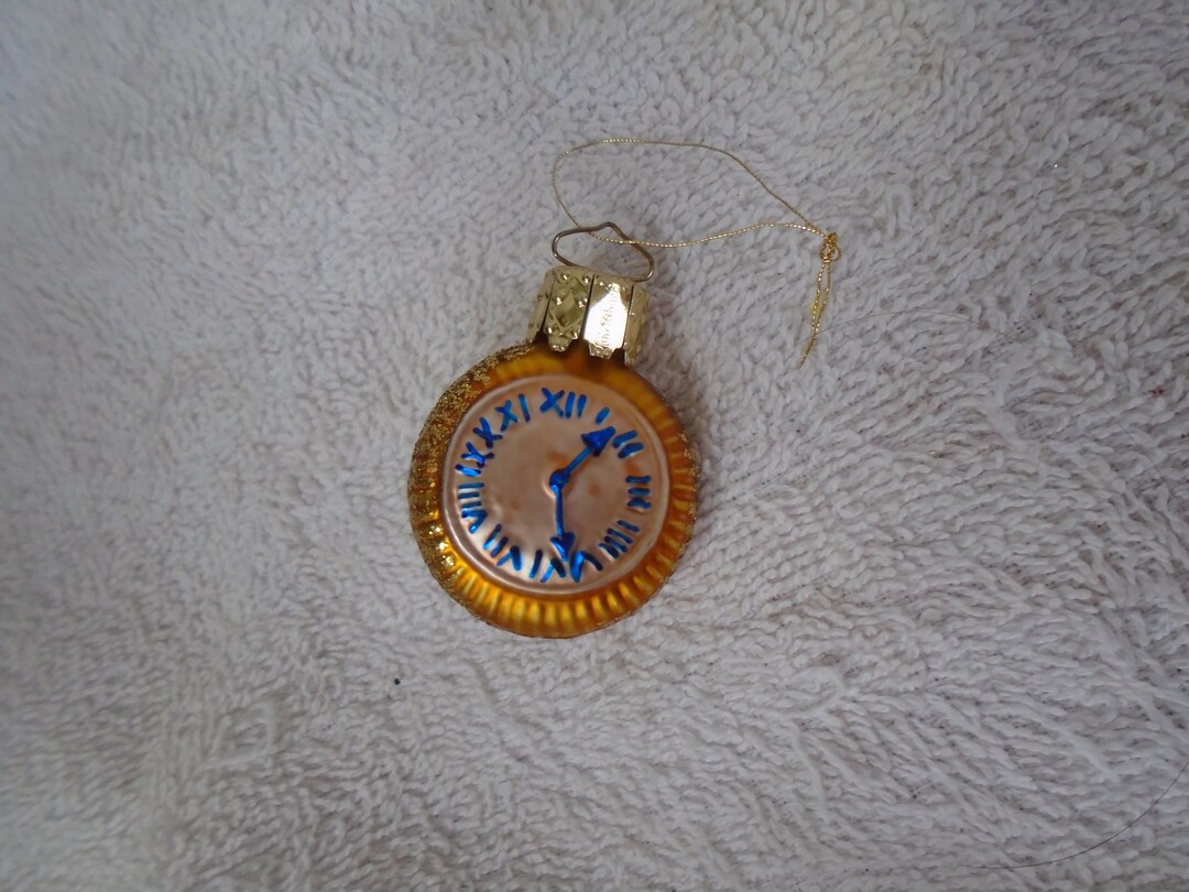 Vintage Small Glass Gold Blue Clock Christmas Ornament Made in Germany ...