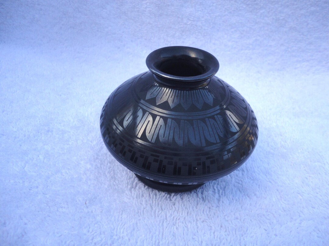 Vintage Salvador Baca Black on Black Ware Vase With Stand Made in ...