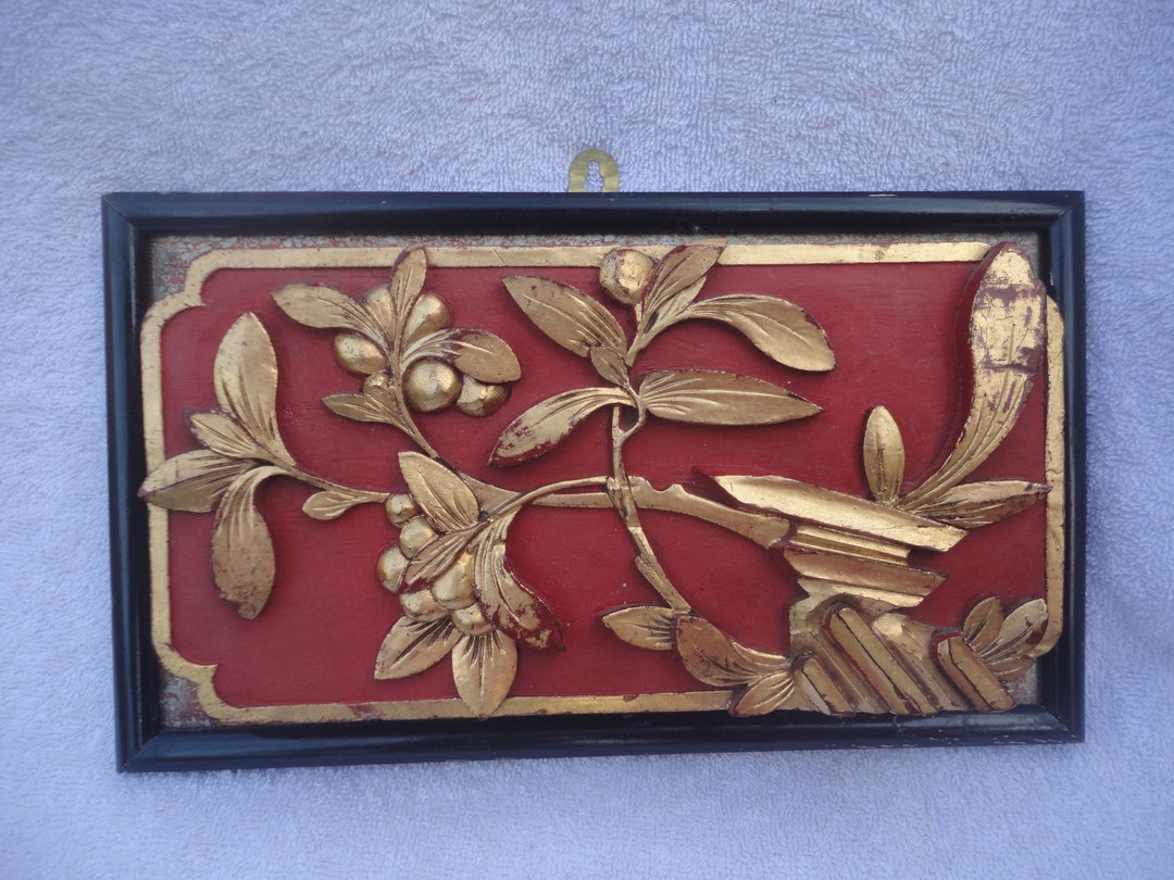 Vintage Red Gold Relief Gilt Floral Wood Carving Asian Wall Decor, Red ...