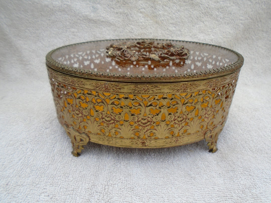 Vintage Large Oval Gold Metal Glass Velvet Filigree Floral Oval Ormolu ...