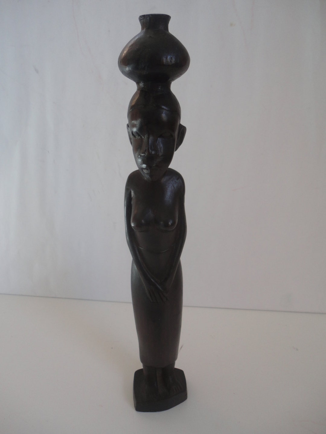 Vintage African Ebony Wood Carving of Woman With Basket on Head, Afri ...