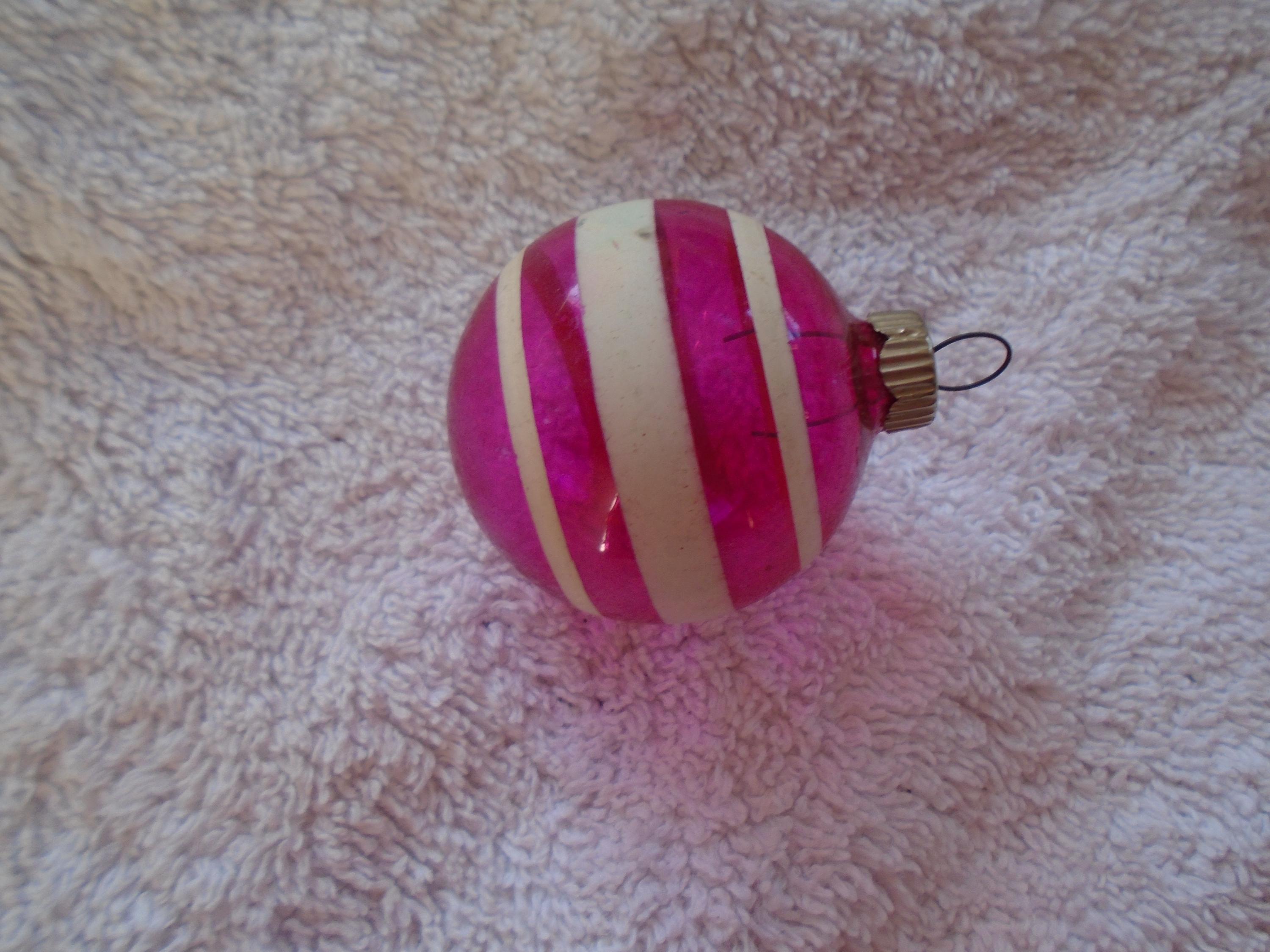 Vintage Unsilvered Pink White Mica Strip WWII Glass Christmas Ornament ...