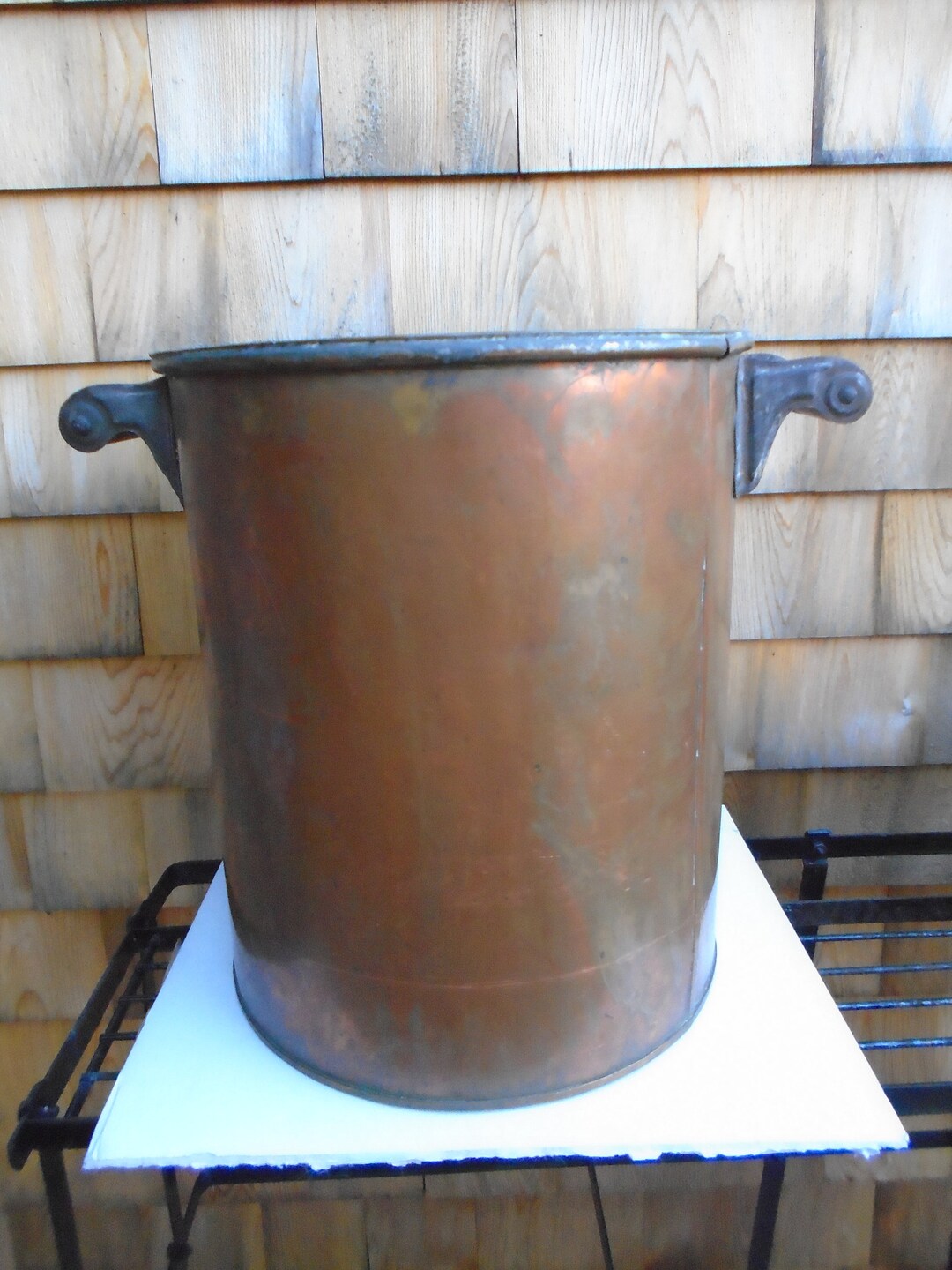 Vintage Large Round Patina Copper Pot With Wood Handles Farmhouse Decor ...