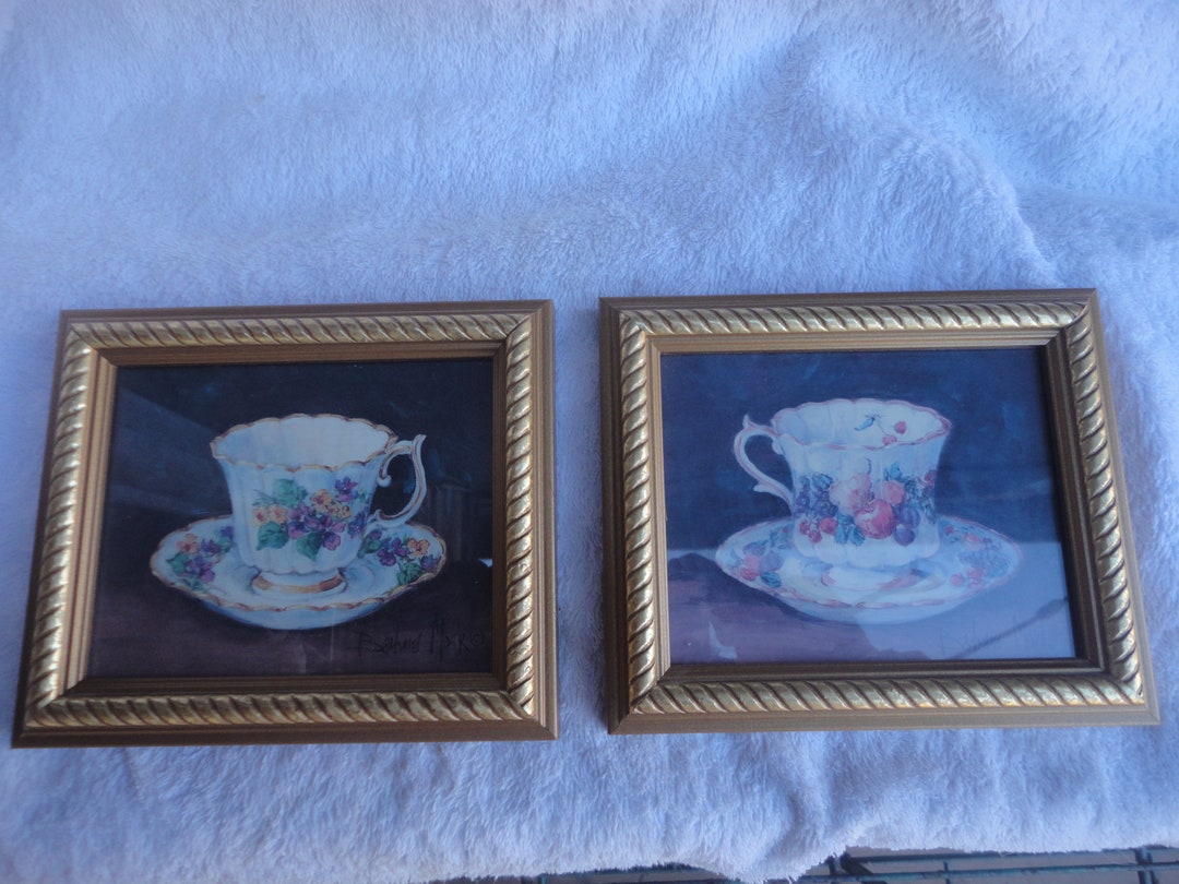 Vintage Pair of Barbara Mock Teacup Wall Prints in Gold Wood Frames ...