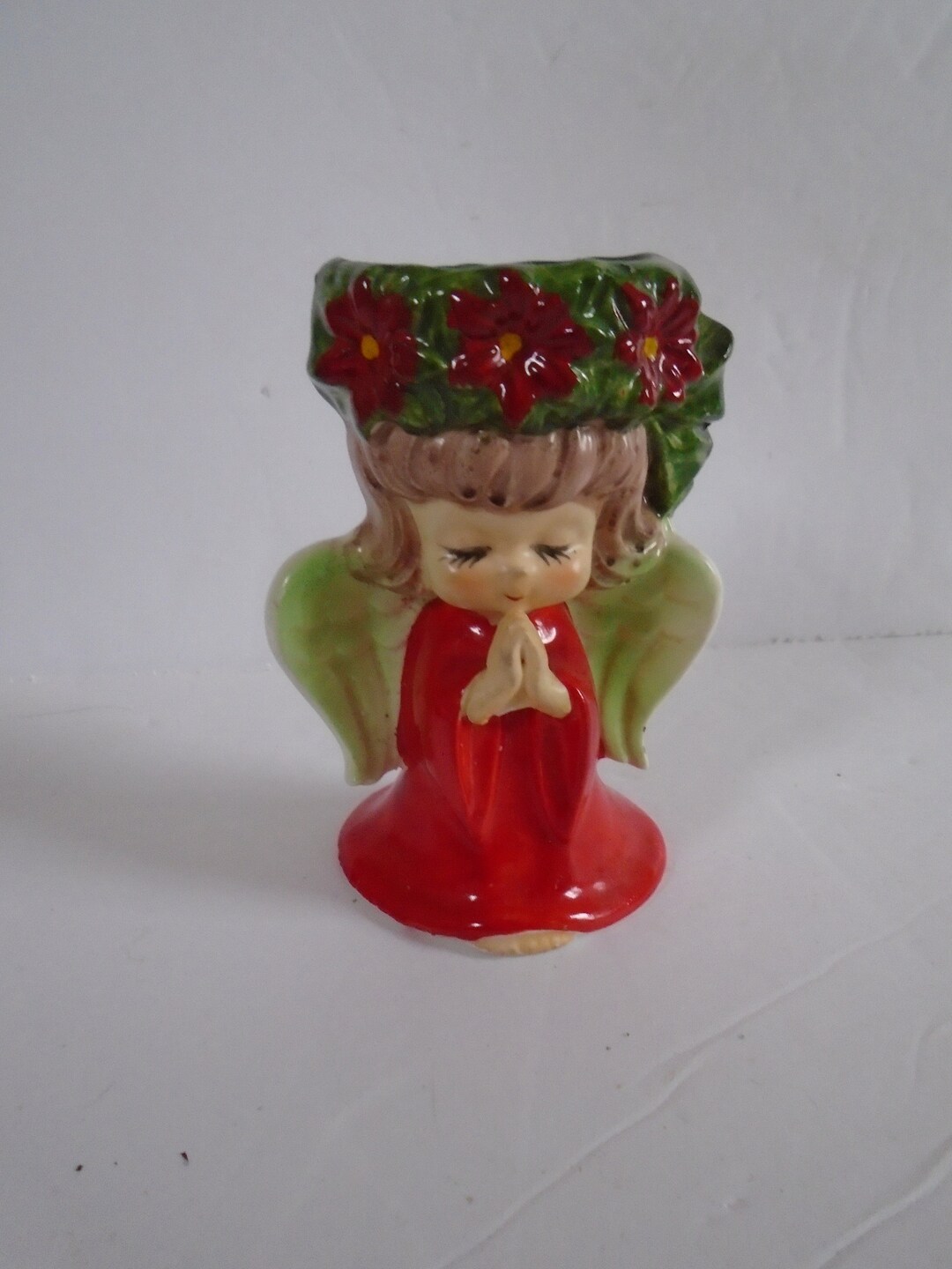 Vintage Ceramic Red Green Lefton Praying Christmas Angel Candleholder ...
