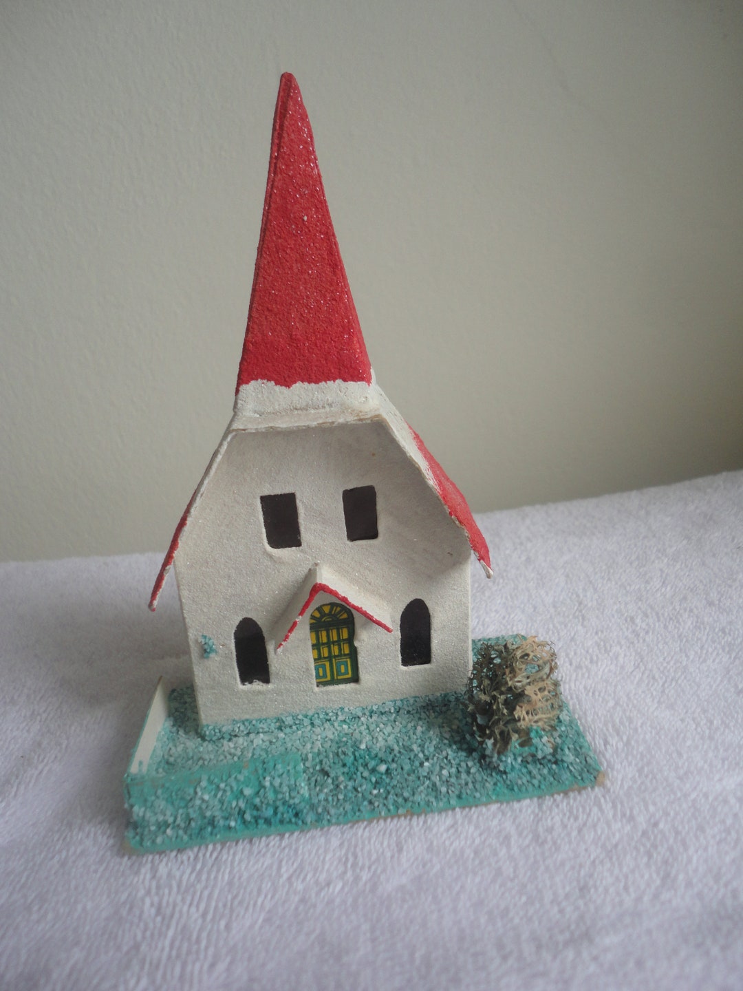 Vintage Hand Painted Red White Putz Glitter Church Made in Japan, Putz ...
