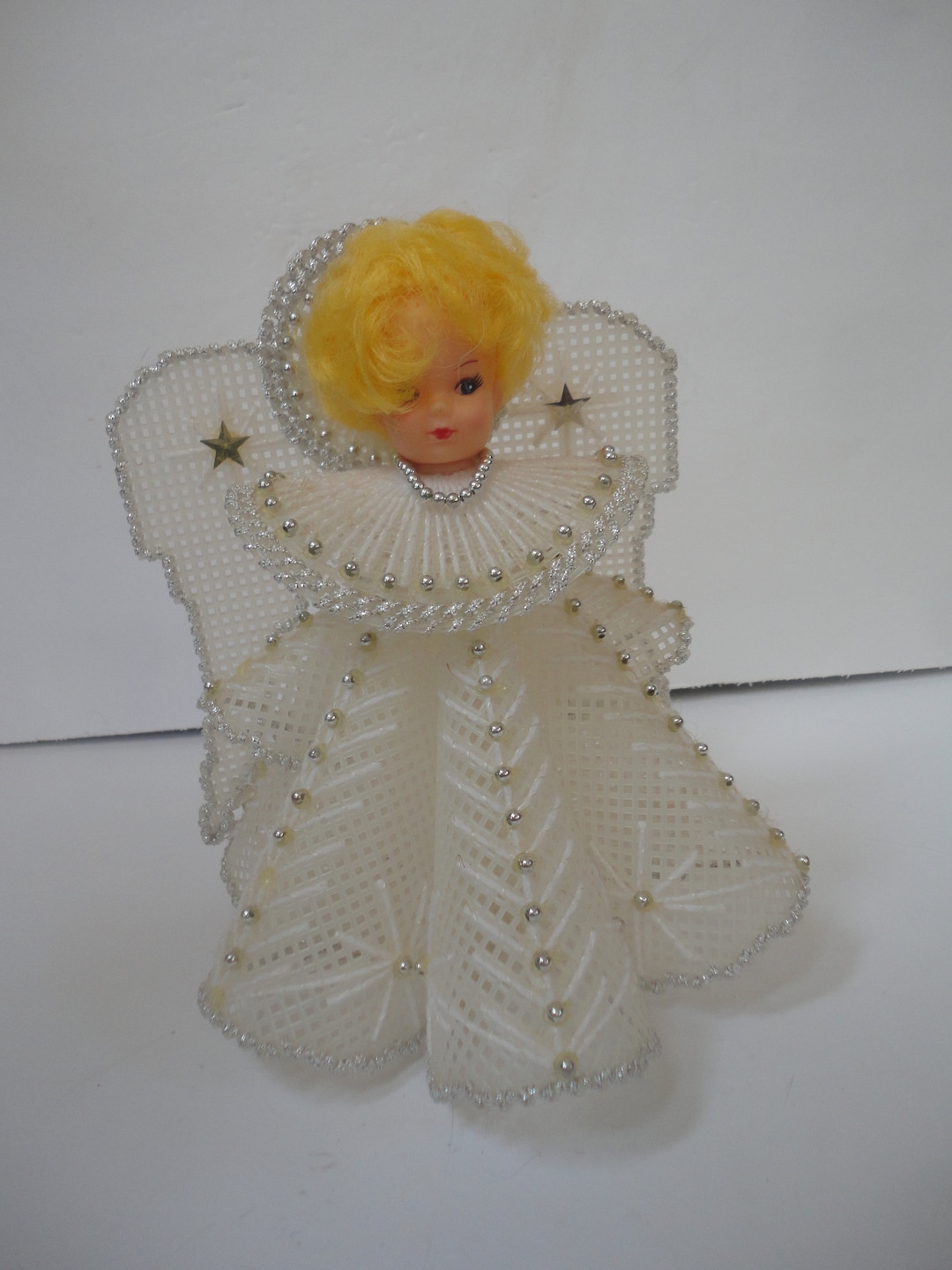 Vintage Handcrafted Plastic Canvas White Silver Angel Tree Topper ...