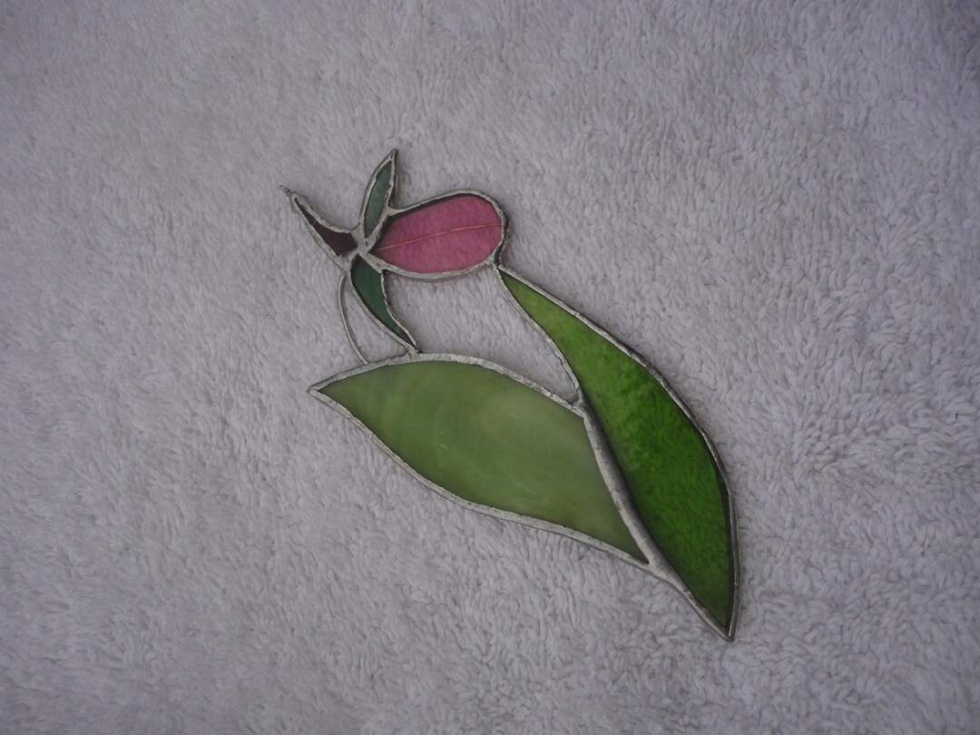 Vintage Handmade Pink Green Stain Glass Suncatcher, Lady Slipper ...