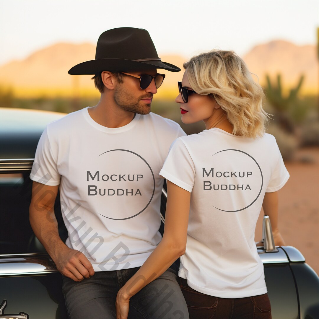 Couples Front and Back White T-shirt Mockup, Desert Sunset Shirt Mockup ...