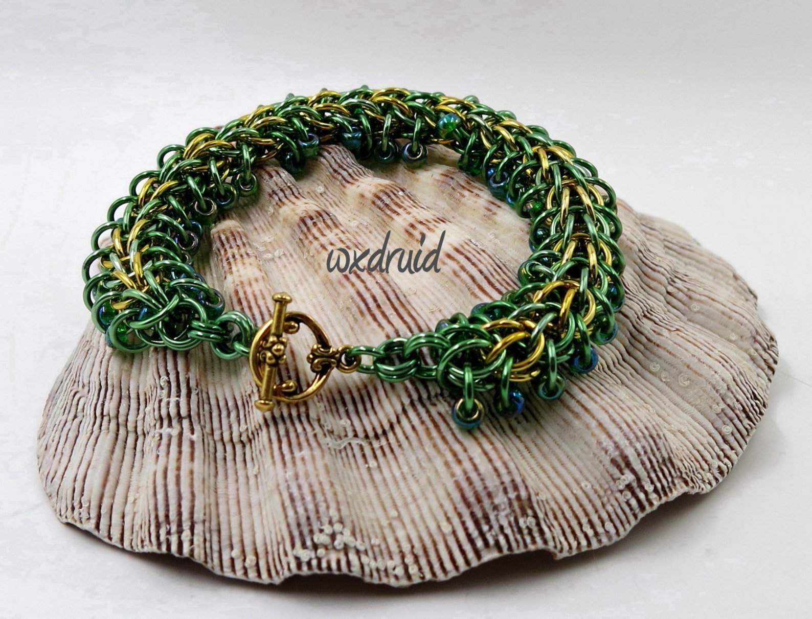 Beaded Chainmaille Bracelet, Gold and Green Full Persian Anodized ...