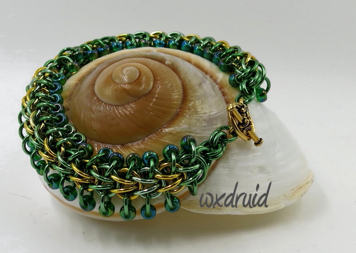 Beaded Chainmaille Bracelet, Gold and Green Full Persian Anodized ...