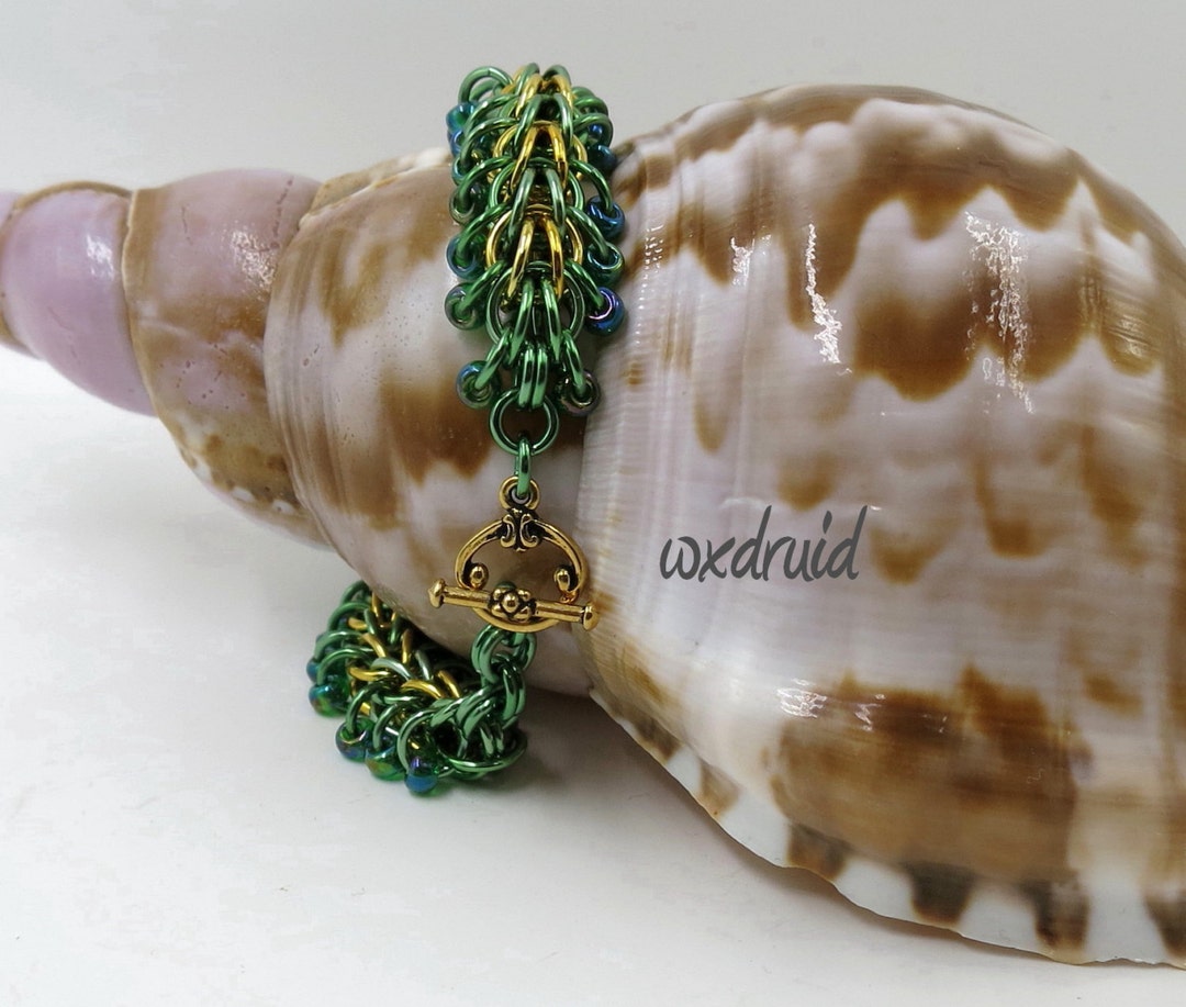 Beaded Chainmaille Bracelet, Gold and Green Full Persian Anodized ...