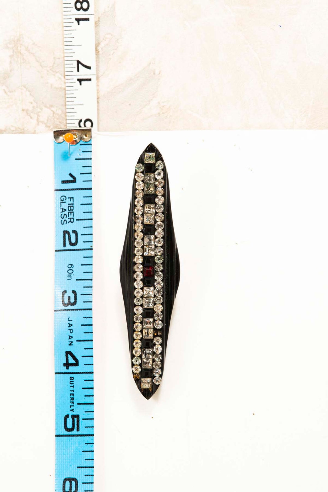 Black Bakelite Bar Pin. Red and White Stones. 4 Inches by 1 Inch. Art ...