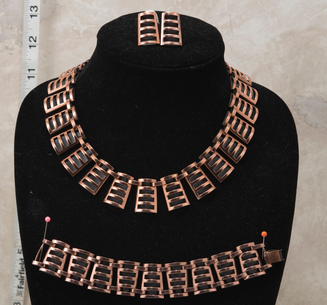 Rame' Modern Necklace, Bracelet, and Earring Set. Art Deco, Copper ...