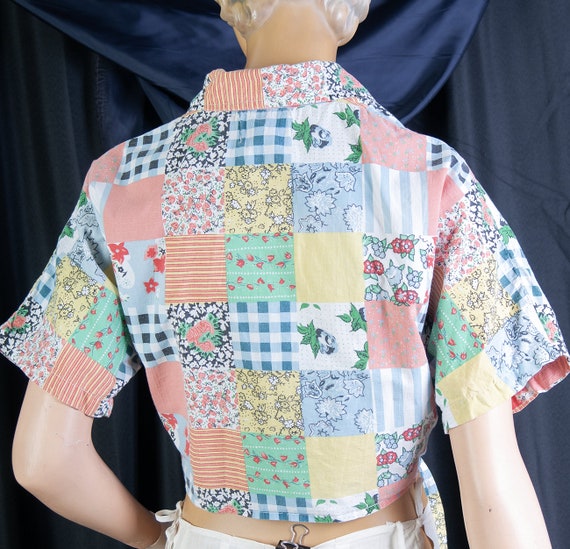 1970s patchwork, midriff, tie top. Boho, Daisy Duke - Gem