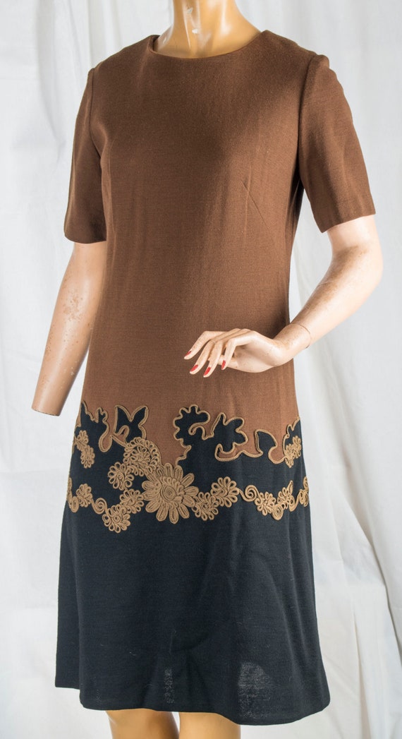 Edith Flagg 1960s brown and black wool dress w/ flora… - Gem