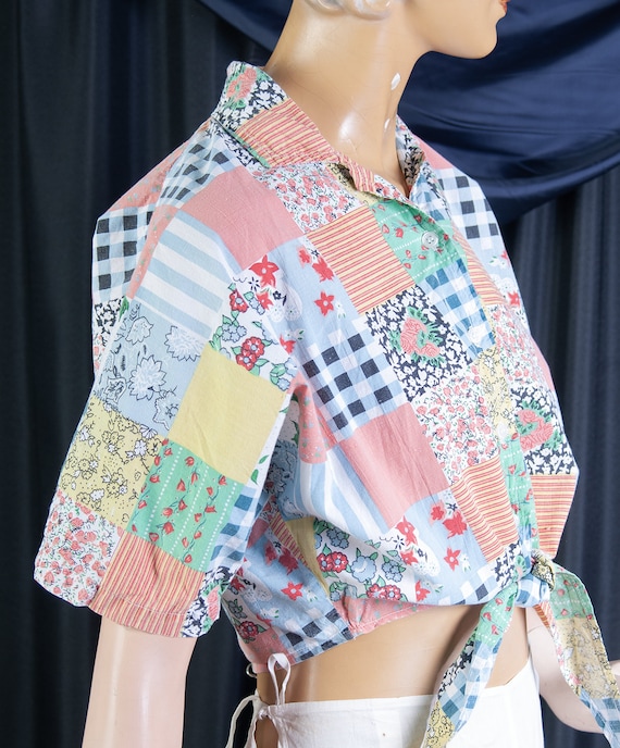 1970s patchwork, midriff, tie top. Boho, Daisy Duke - Gem
