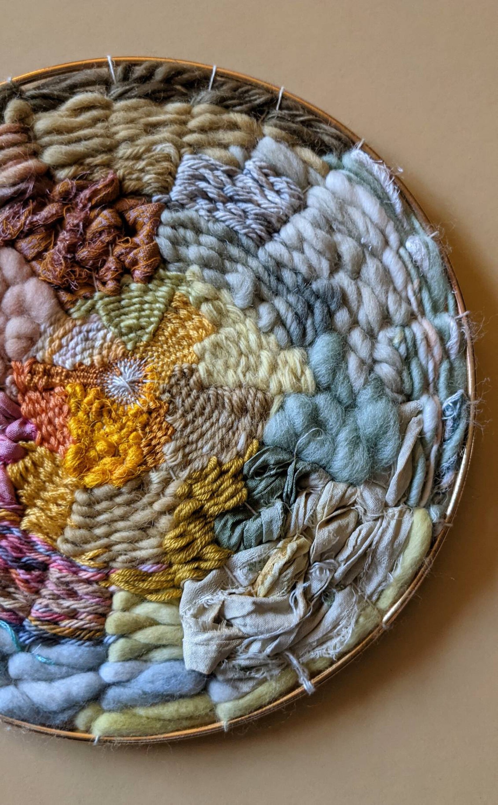 Botanical Colors Weaving, 8 Brass Round Wall Hanging, Sari Silk Ribbon ...