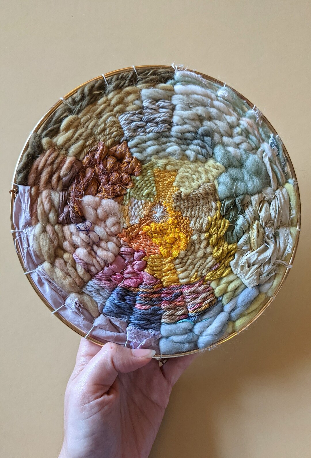 Botanical Colors Weaving, 8 Brass Round Wall Hanging, Sari Silk Ribbon ...