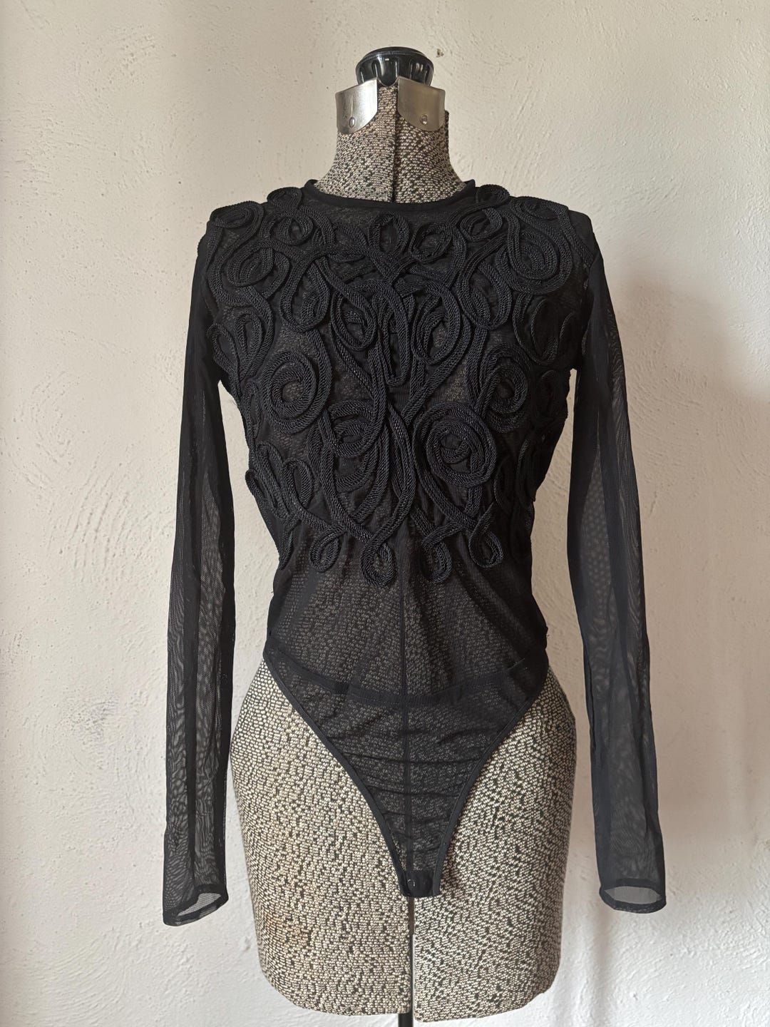 Sheer Black Decorative Ribbon Embroidered Mesh Thong Bodysuit Anne Sheer Black Decorative Ribbon Embroidered Mesh Thong Bodysuit Anne