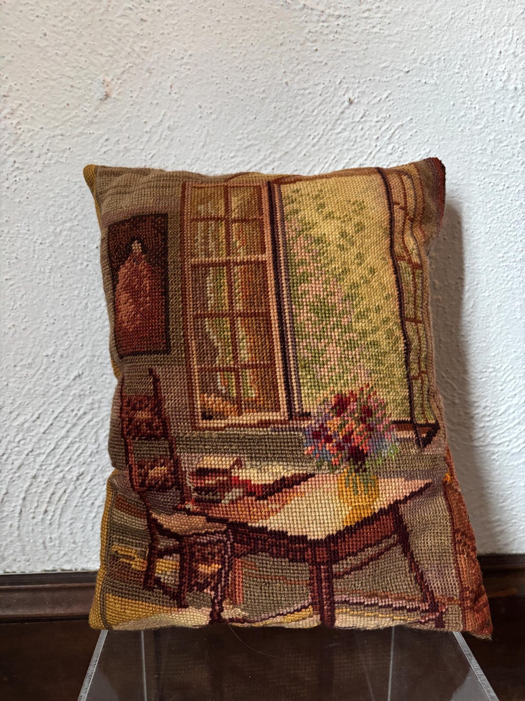 Vintage Needlepoint Pillow Portrait Open Window Floral Room Scene ...