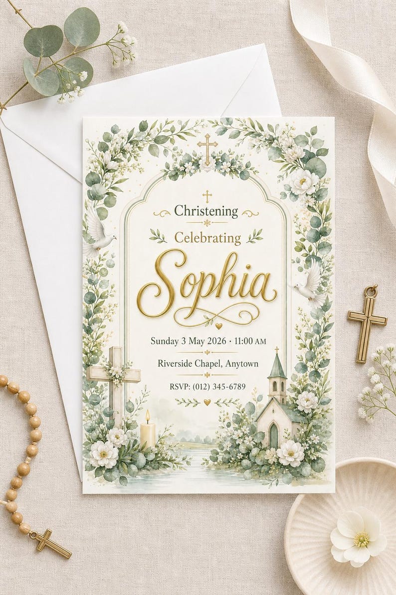 Floral Cross Invitation - Personalized Printed Child's Christening or ...